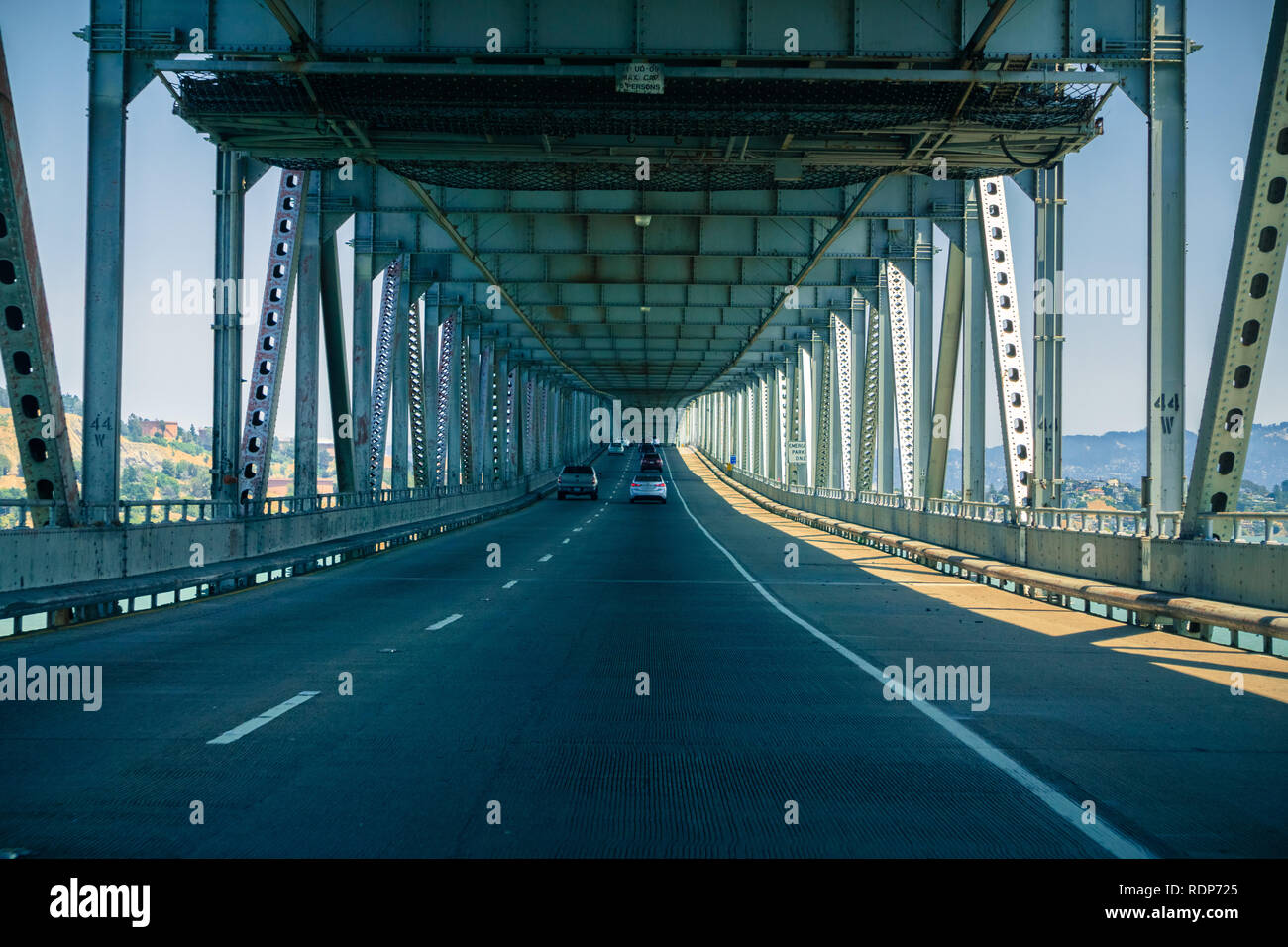 Driving on Richmond - San Rafael bridge (John F. McCarthy Memorial Bridge), San Francisco bay ...