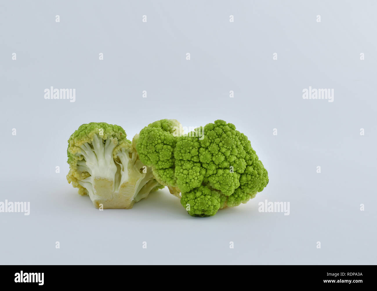green color cauliflower on a white background with space for text ...