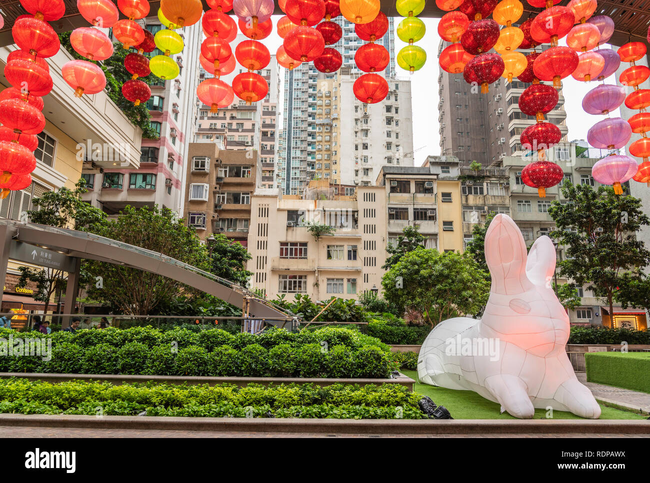 Chinese lanterns and inflatable rabbits adorn the streets of Central Hong Kong during the Mid ...