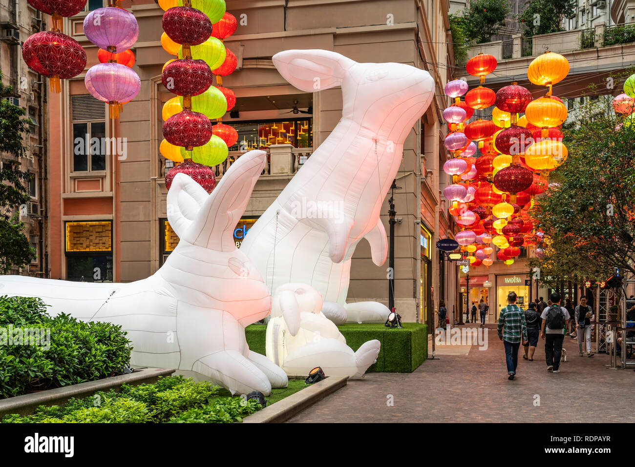 Chinese lanterns and inflatable rabbits adorn the streets of Central Hong Kong during the Mid ...