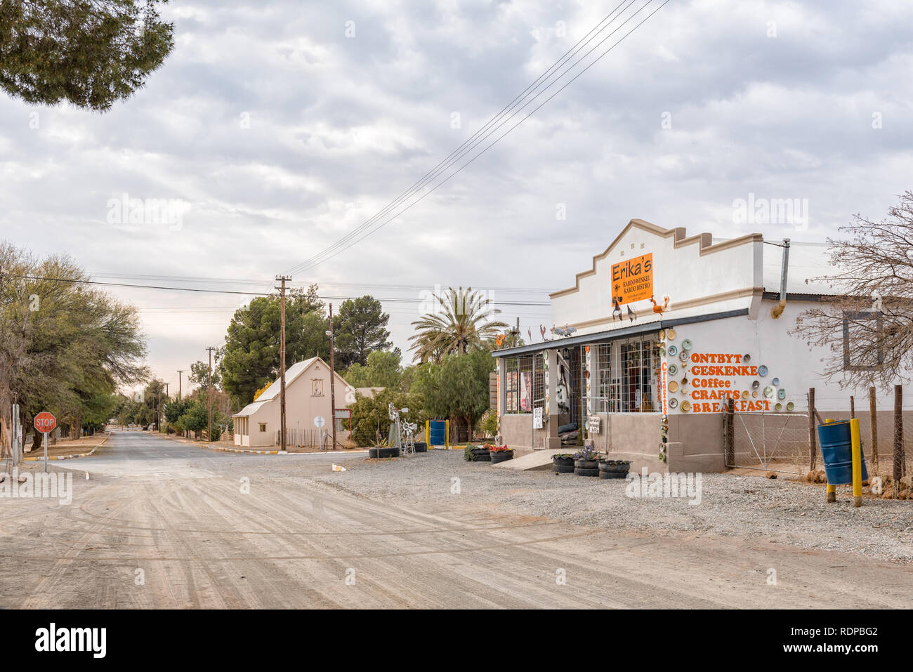 VOSBURG, SOUTH AFRICA, SEPTEMBER 1, 2018: A street scene, with a coffee ...