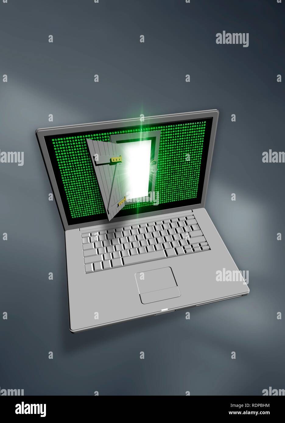 Laptop with open door and data on screen, illustration Stock Photo - Alamy