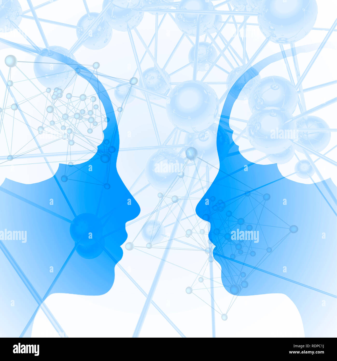 Two people face to face with atoms in the brain, illustration Stock ...