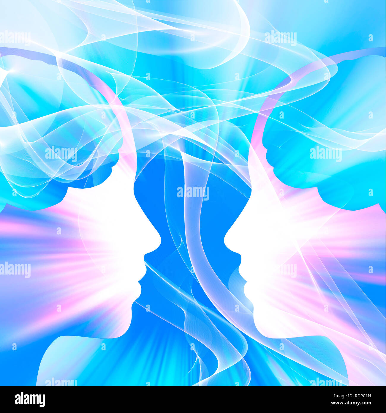 Two people face to face with atoms in the brain, illustration Stock ...