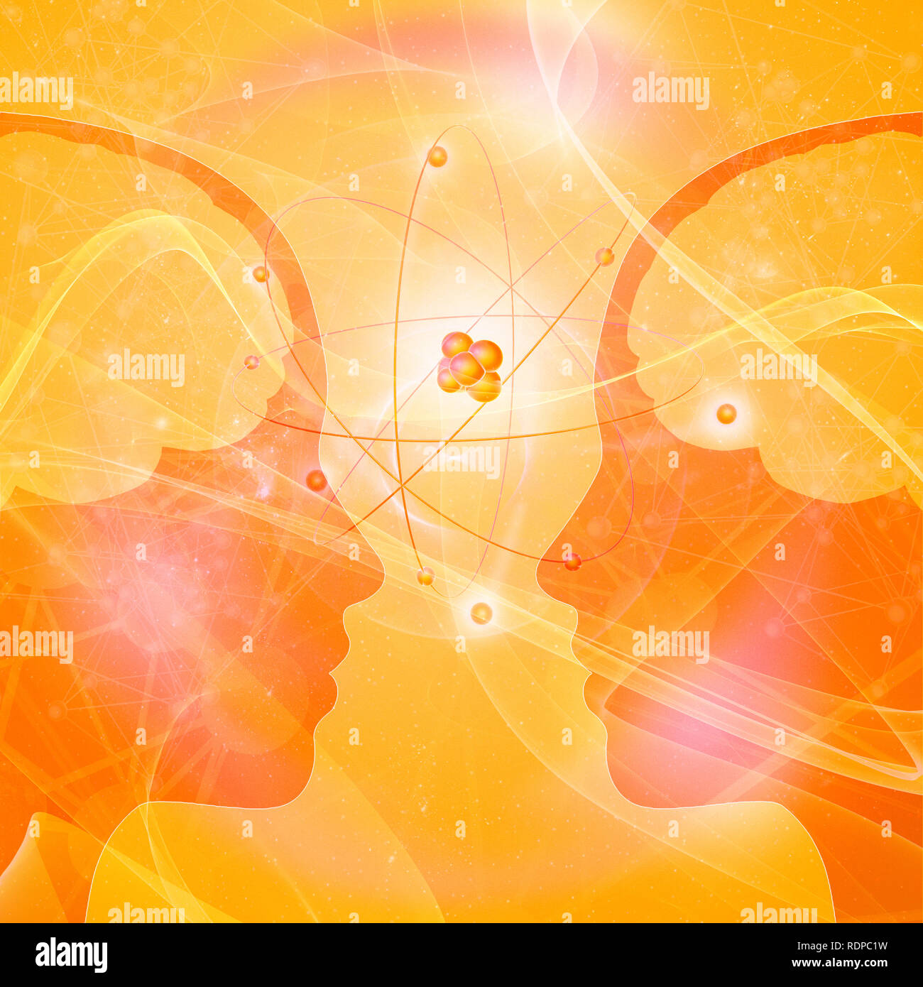 Two people face to face with atoms in the brain, illustration Stock ...