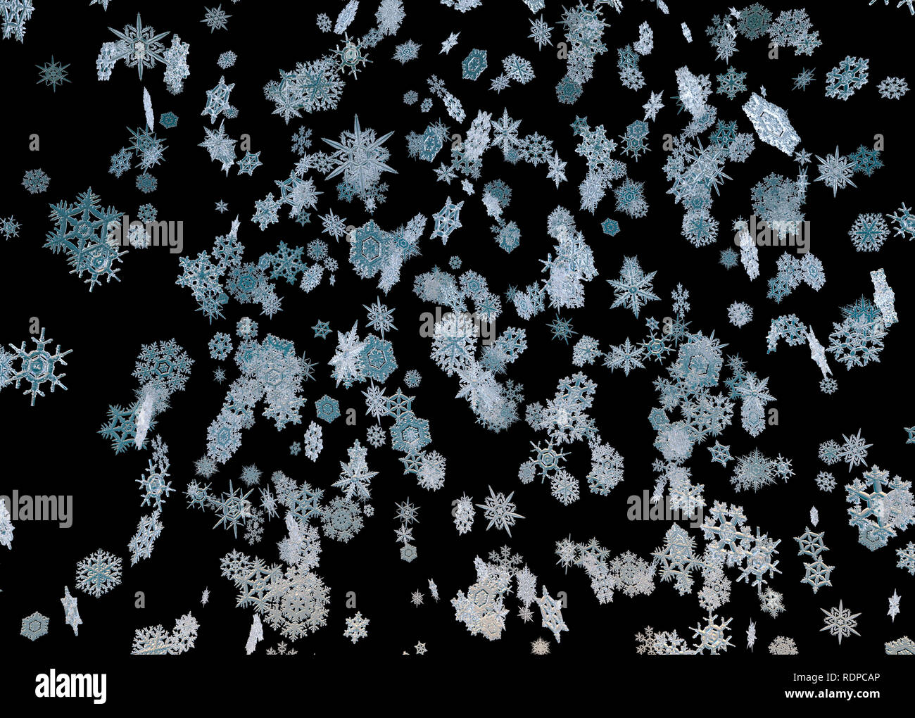 Snowflakes falling against a black background, illustration Stock Photo ...
