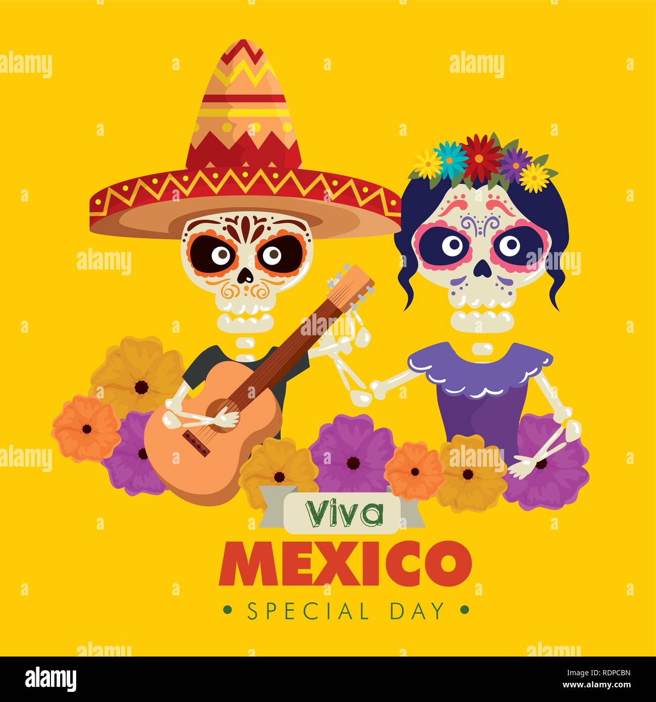 catrina and skeleton man wearing hat with guitar and flowers vector ...