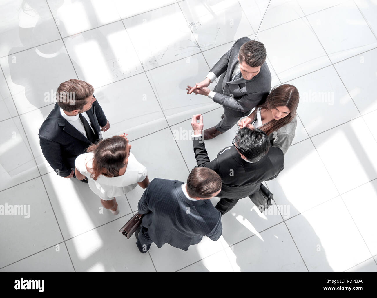 top view. employees discussing work issues. photo with text space Stock ...