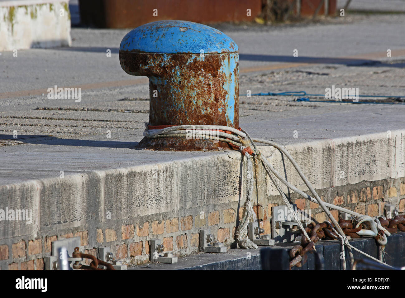mooring post for fishing boats in the port in Numana Italy near Ancona ...