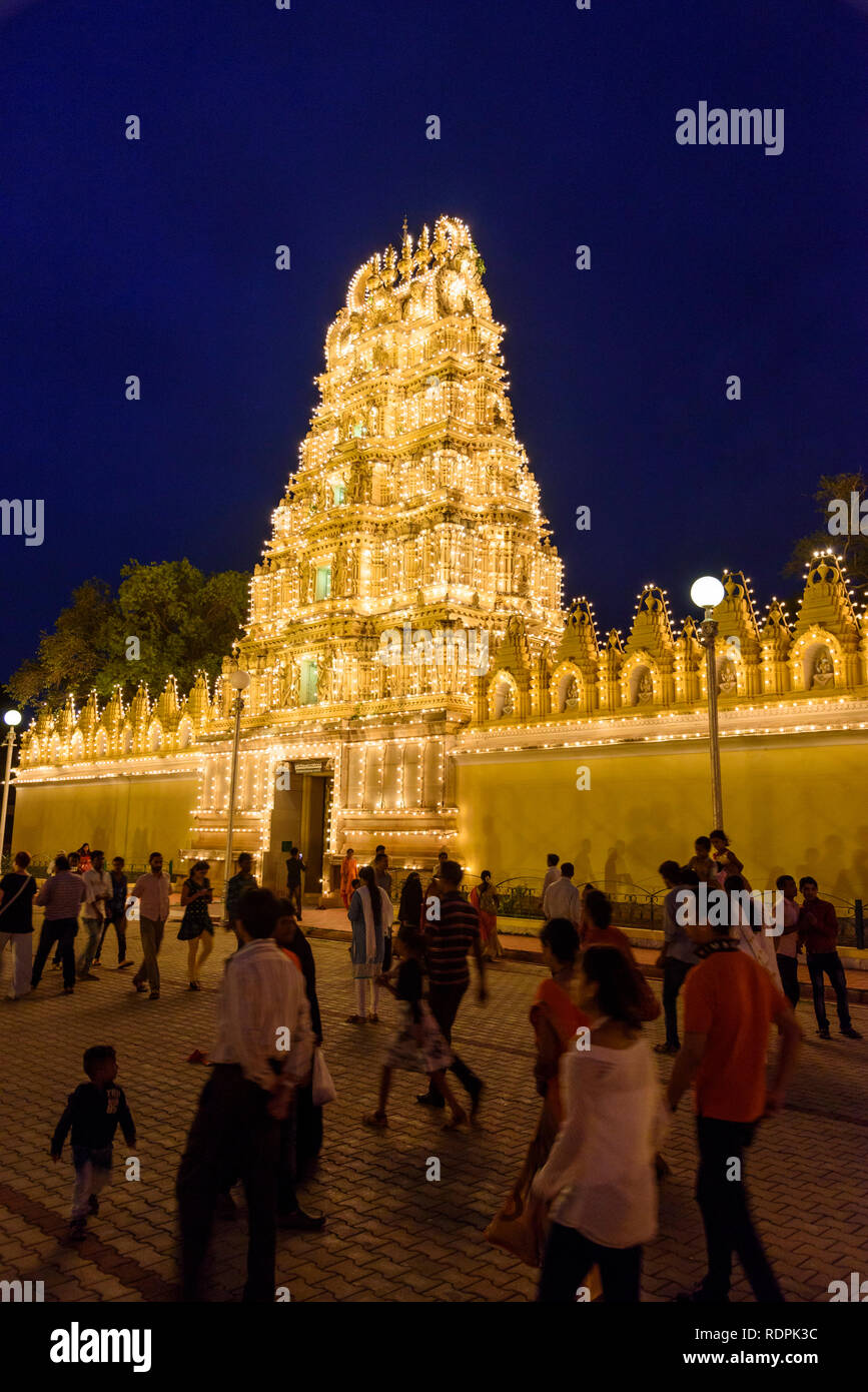 Hindu temple at Mysore Palace illuminated at night, Mysuru, Karnataka ...