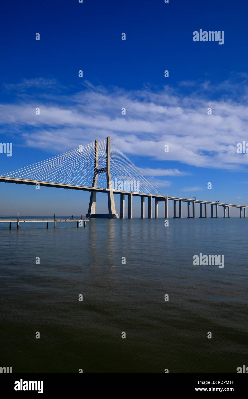 The Vasco da Gama Bridge is a cable-stayed bridge flanked by viaducts ...