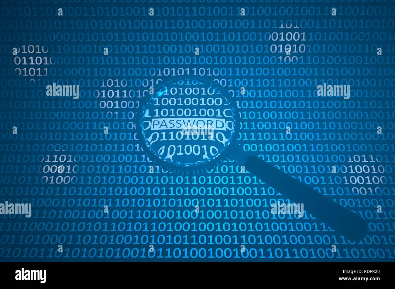 Passwords and binary numbers, investigate and search. Magnifying glass and hacker, password ...