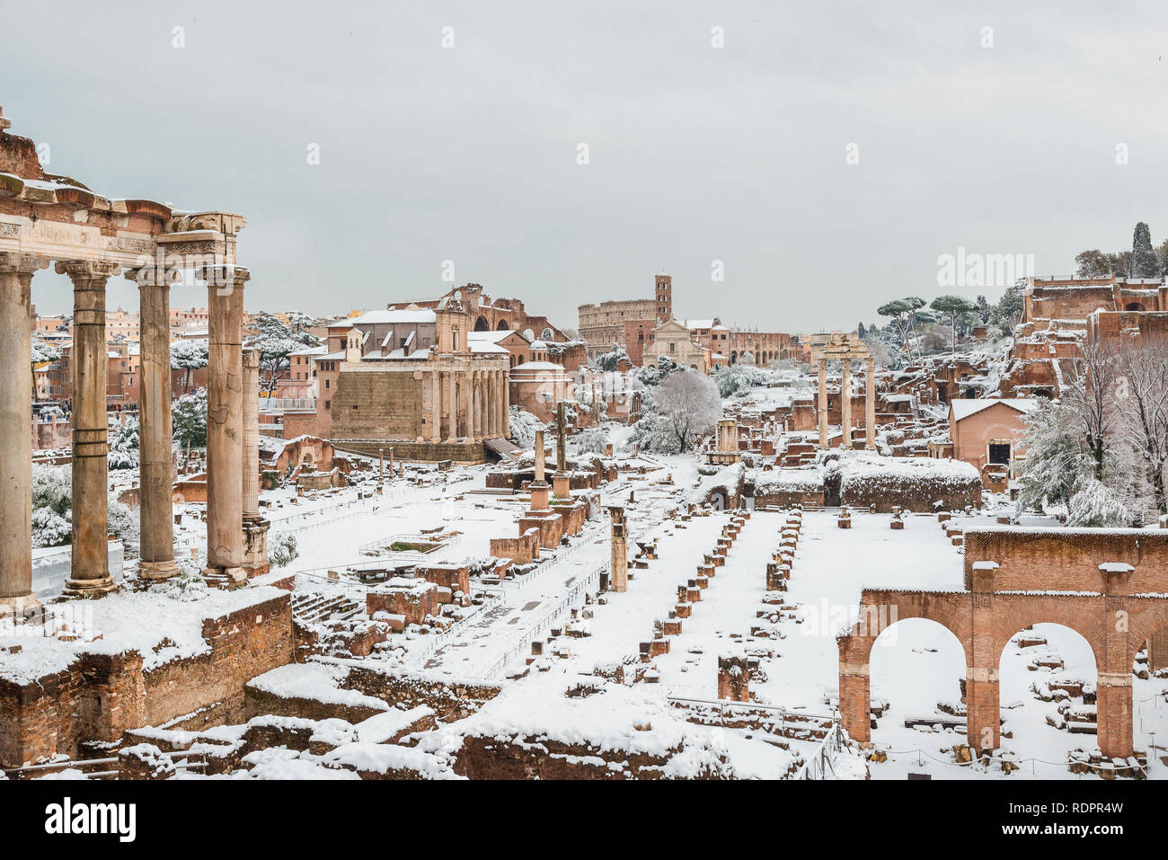 Winter Rome. View of Roman Forum ancient ruins, Coliseum and sacred ...