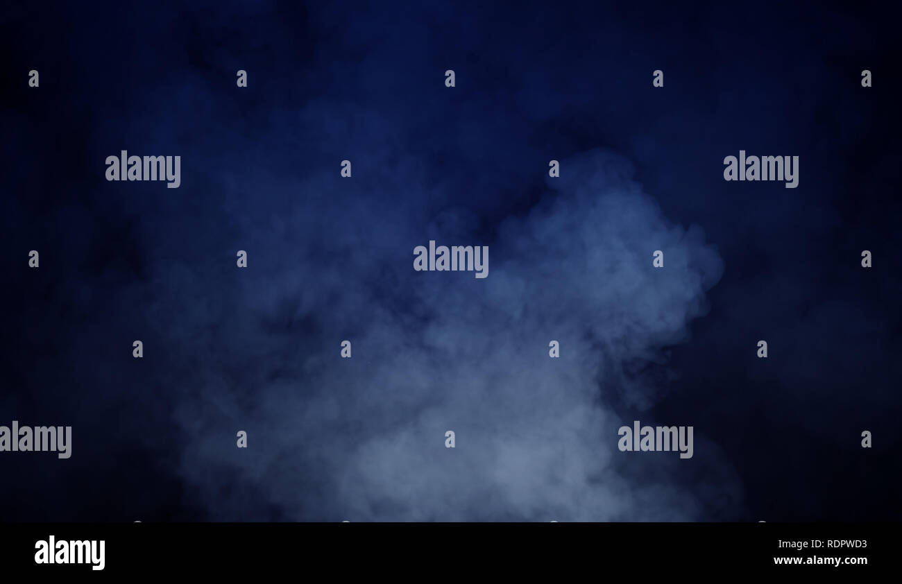 Blue fog and mist effect on isolated black background for text or space ...