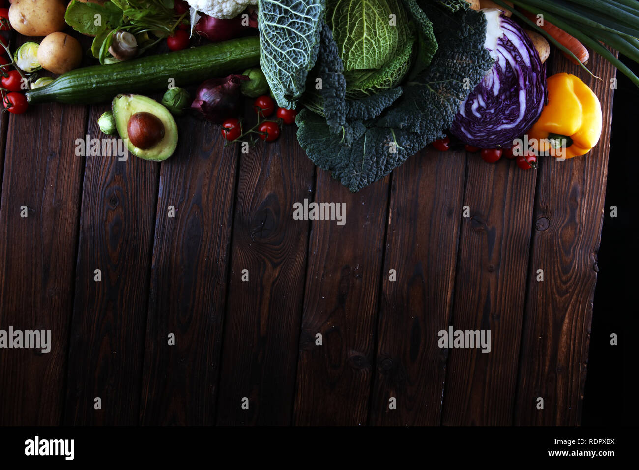 Composition with variety of raw organic vegetables and fruits. Balanced ...