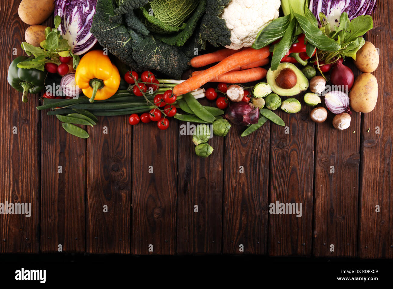 Composition with variety of raw organic vegetables and fruits. Balanced ...