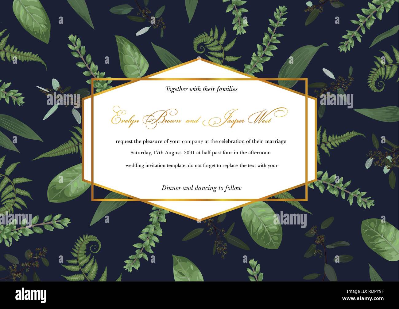 Designer geometric golden frame with green leaves of forest fern ...