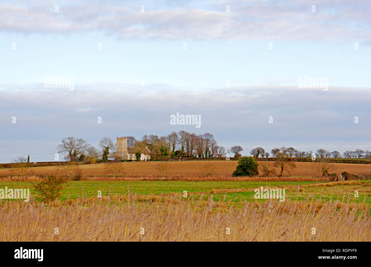 A rural farmland landscape with parish Church in the Norfolk Broads at ...