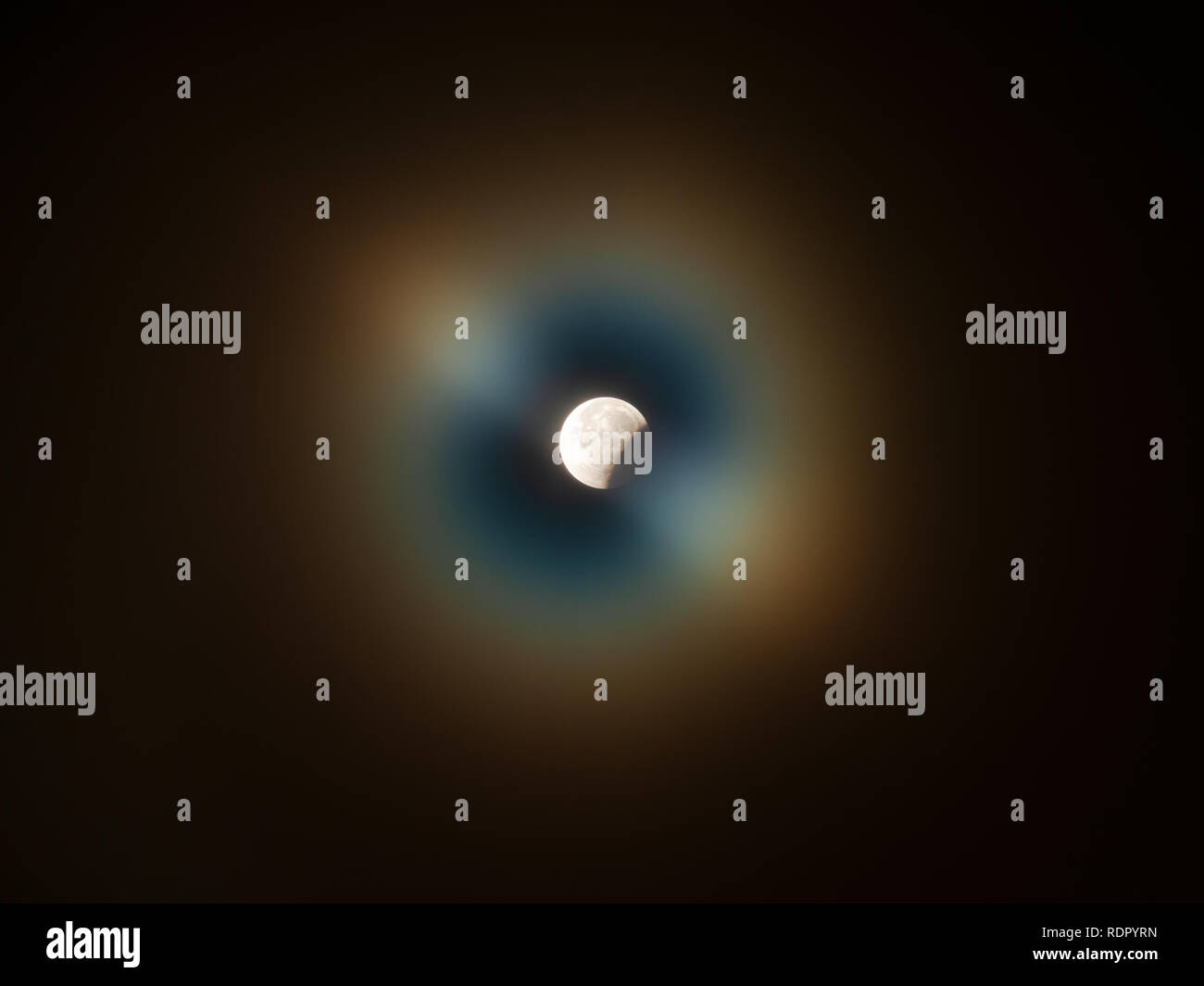 Full moon partial eclipse surrounded by a colorful corona (aureole) in ...