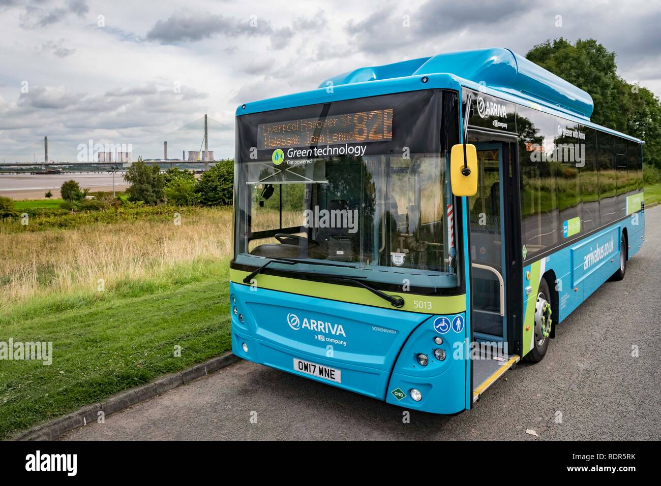 New Arriva gas powered bus at the Gateway bridge in Runcorn Stock Photo ...