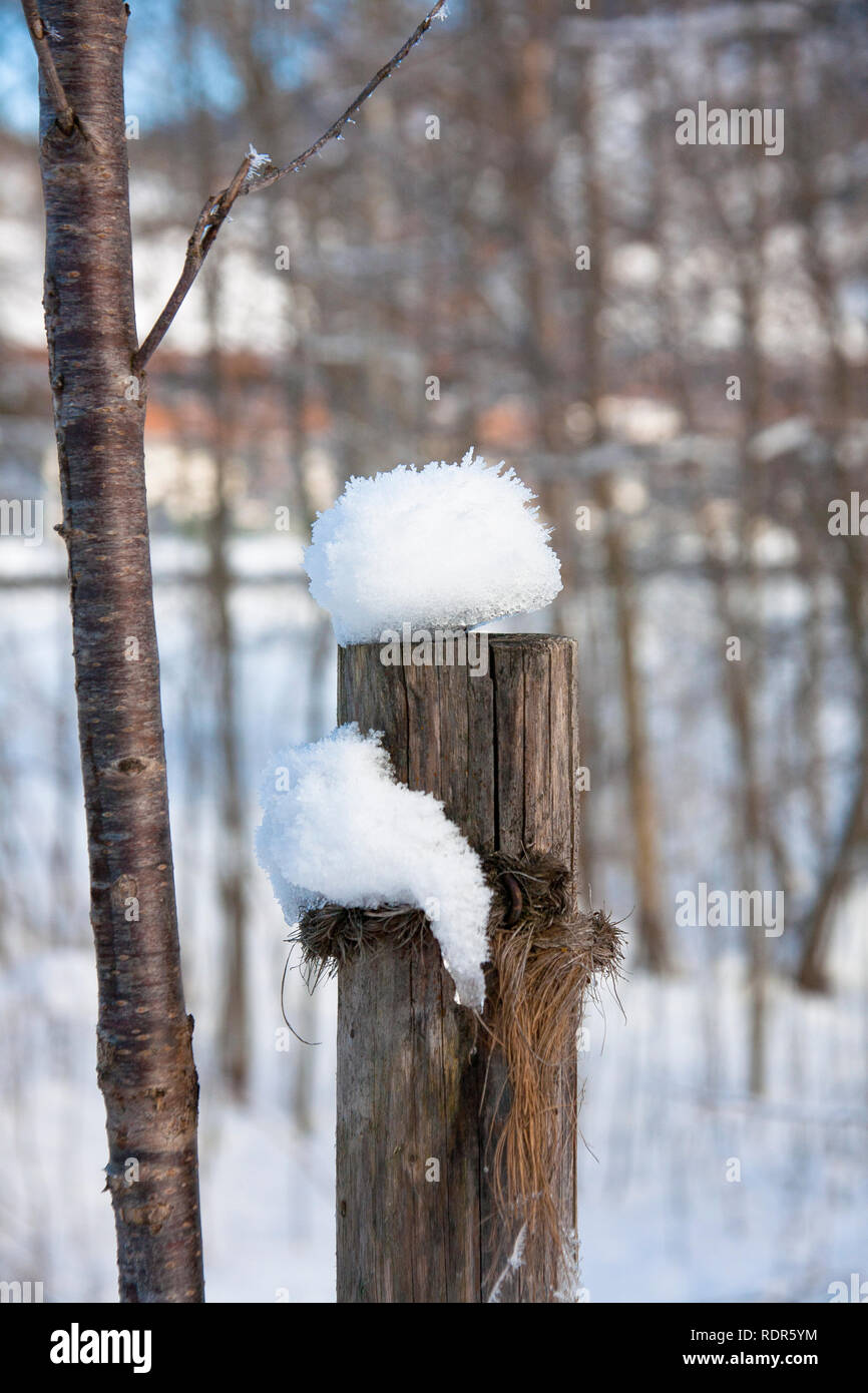 Detail of snow on a wood picket Stock Photo - Alamy