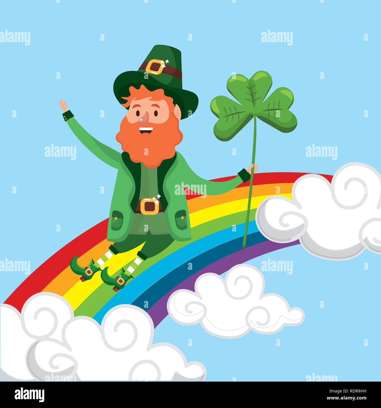 st patrick man seating rainbow with clover and clouds Stock Vector ...
