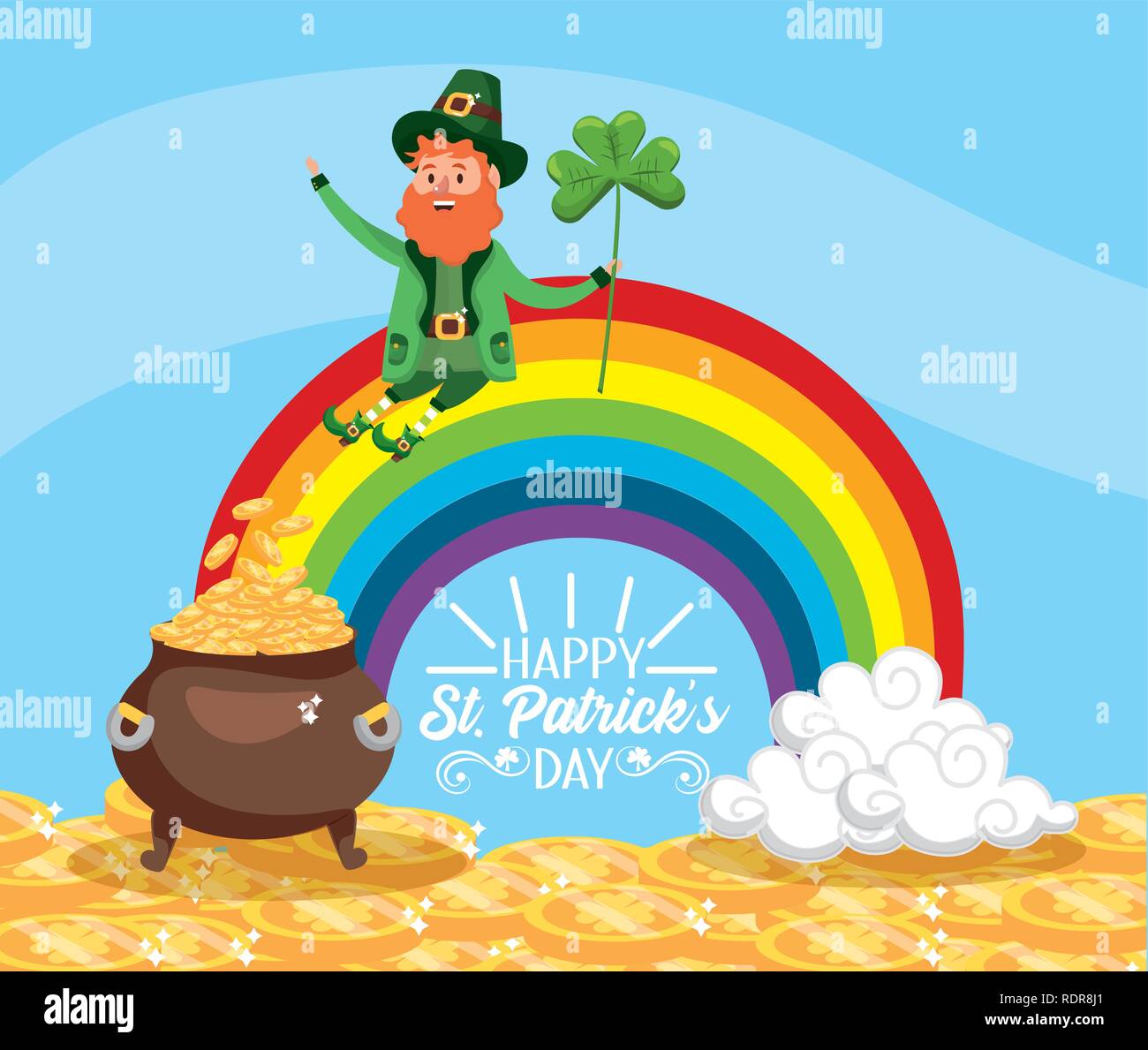 st patrick man with gold coins inside cauldron and rainbow Stock Vector ...