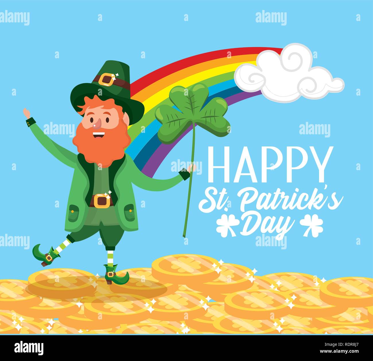 st patrick man with clover and gold coins with rainbow Stock Vector ...