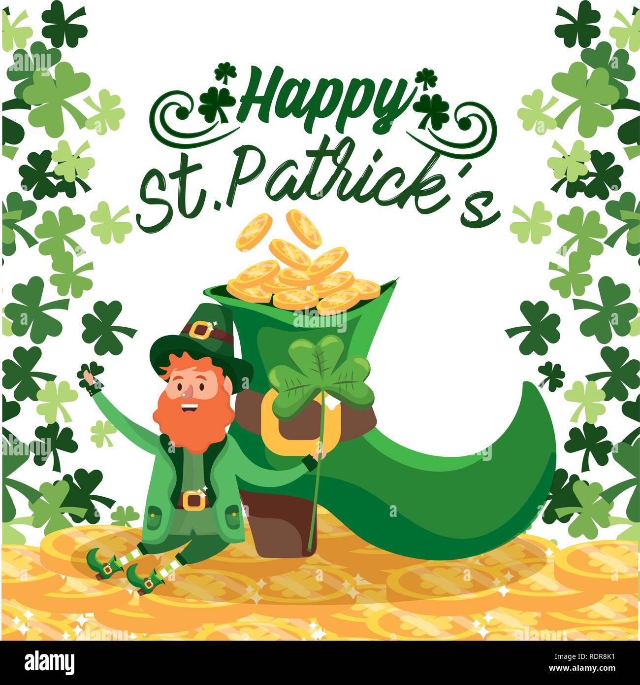 st patrick man with gold coins inside boot and clovers Stock Vector ...