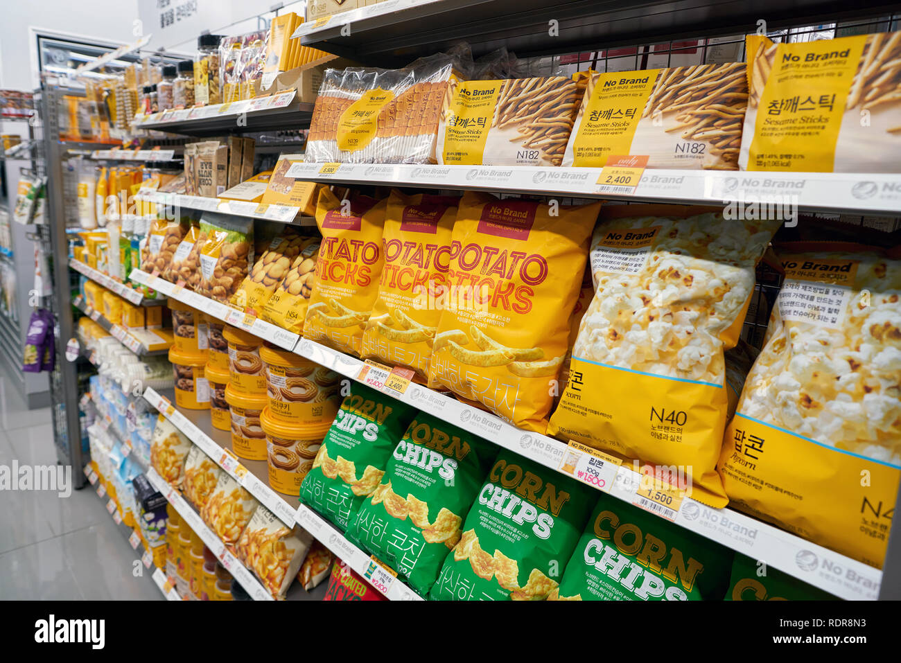 SEOUL, SOUTH KOREA - CIRCA MAY, 2017: goods on display at a convenience ...