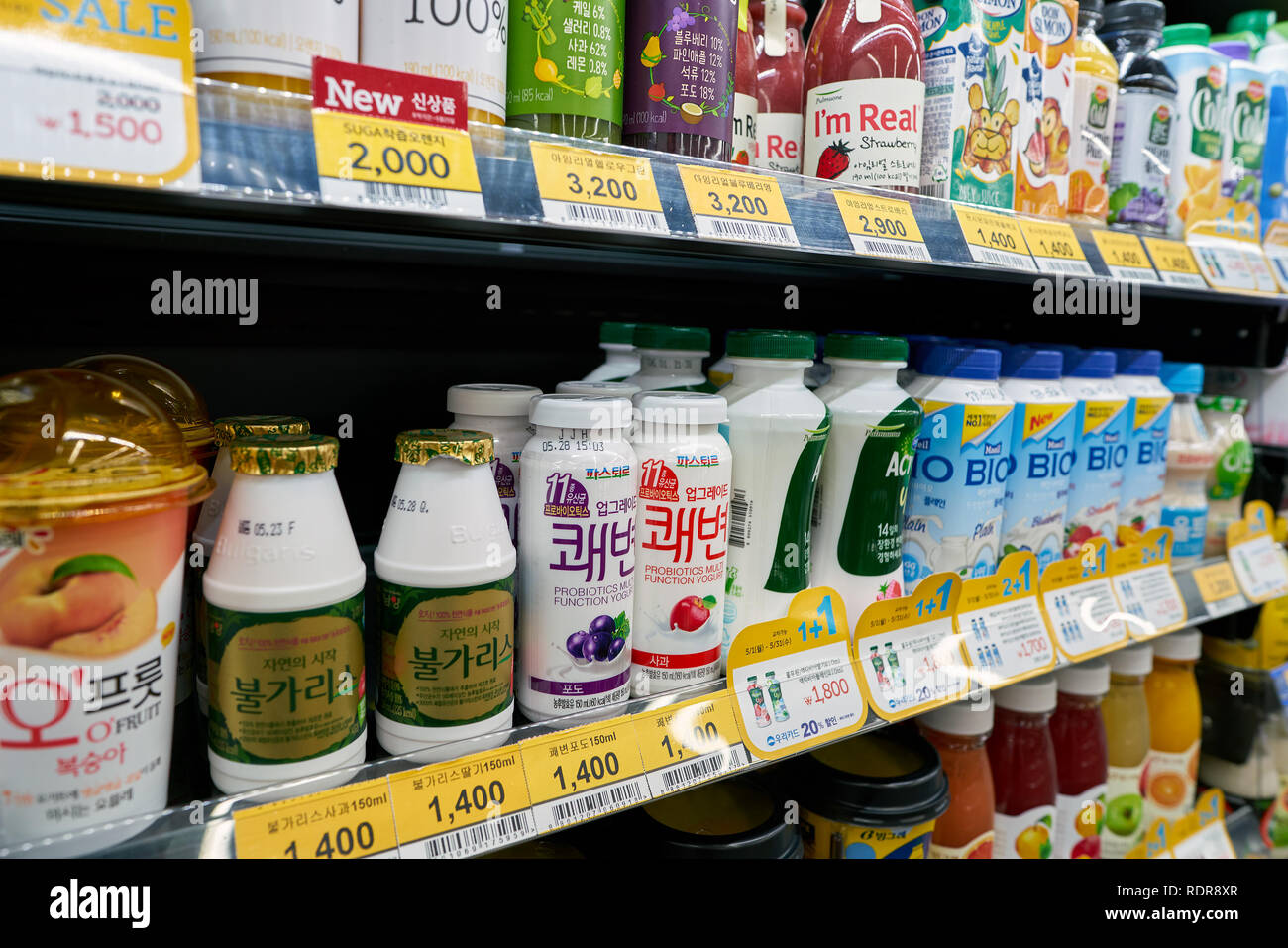 SEOUL, SOUTH KOREA - CIRCA MAY, 2017: goods on display at a convenience ...