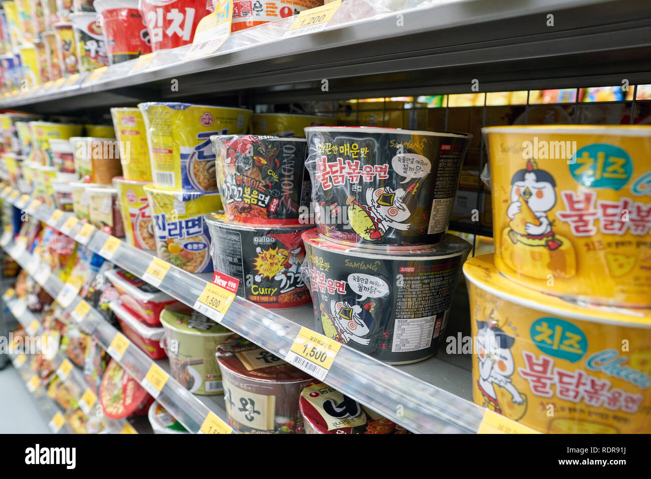 SEOUL, SOUTH KOREA - CIRCA MAY, 2017: goods on display at a convenience ...