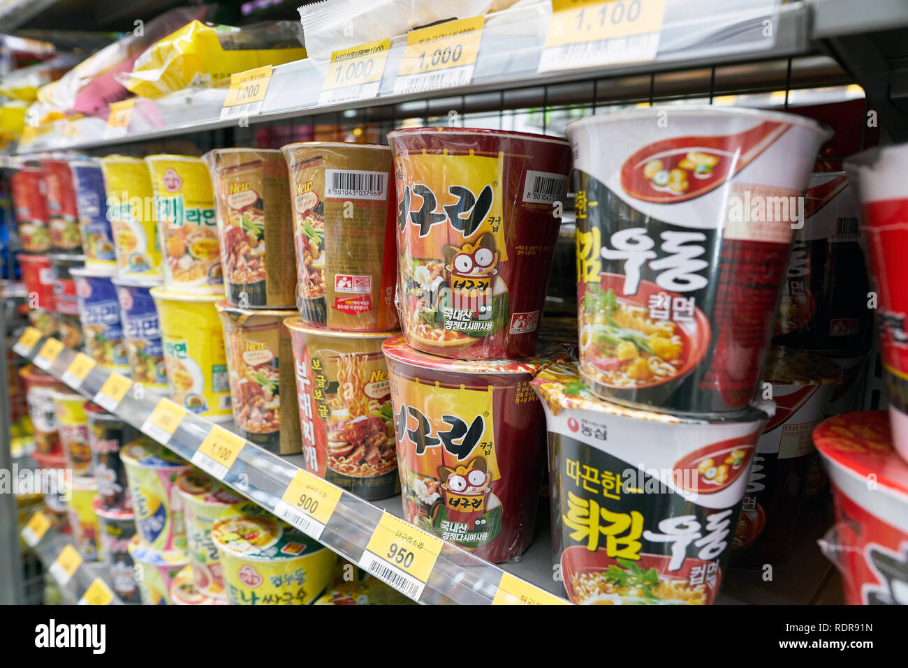SEOUL, SOUTH KOREA - CIRCA MAY, 2017: goods on display at a convenience ...