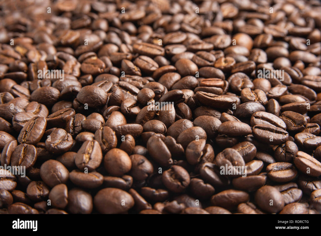 A close-up view of an even spread of dark roasted arabica coffee beans ...