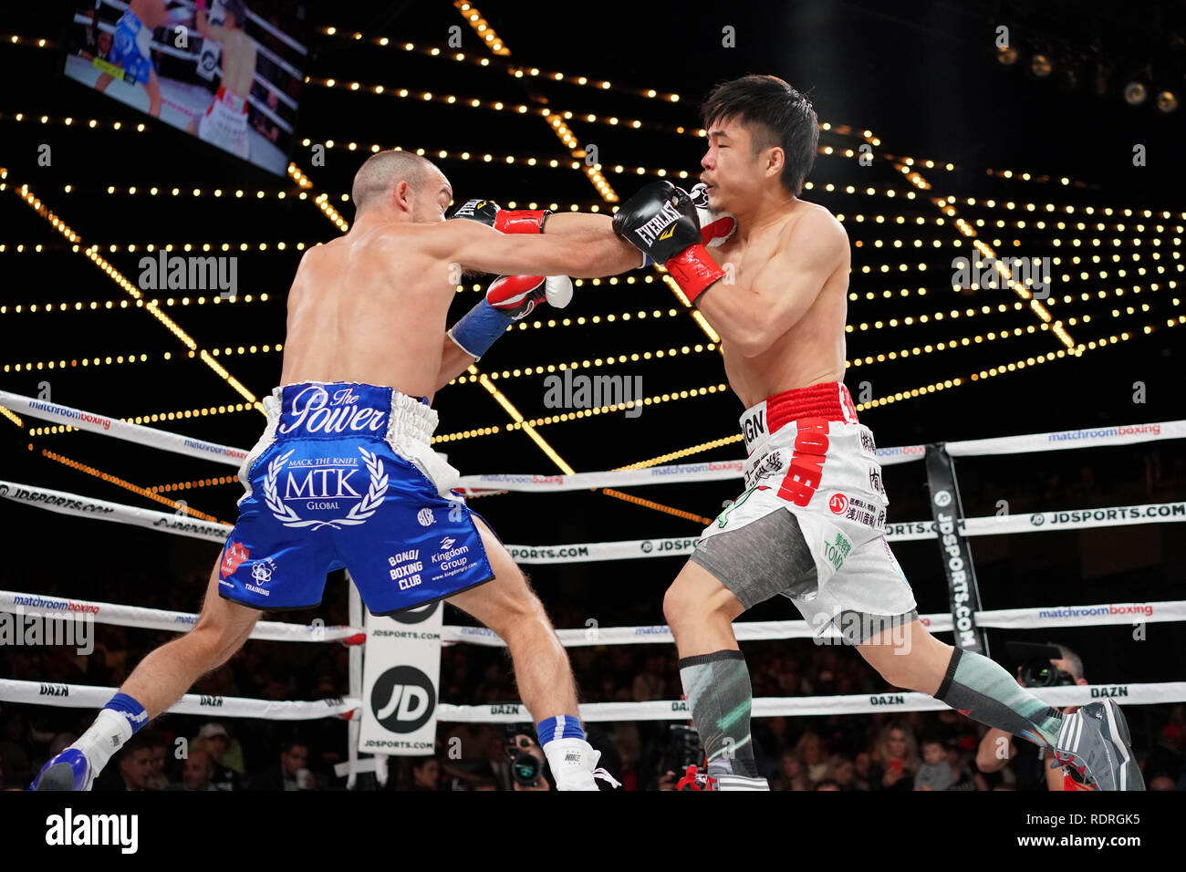 New York, New York, USA. 18th Jan, 2019. TJ DOHENY (blue trunks ...