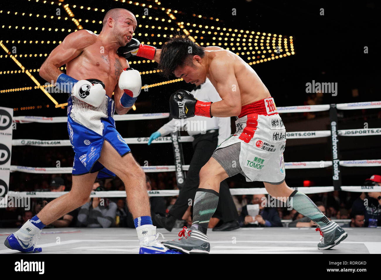 New York, New York, USA. 18th Jan, 2019. TJ DOHENY (blue trunks ...