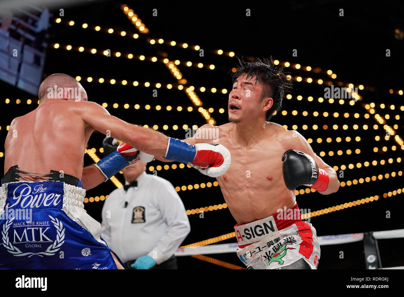 New York, New York, USA. 18th Jan, 2019. TJ DOHENY (blue trunks ...