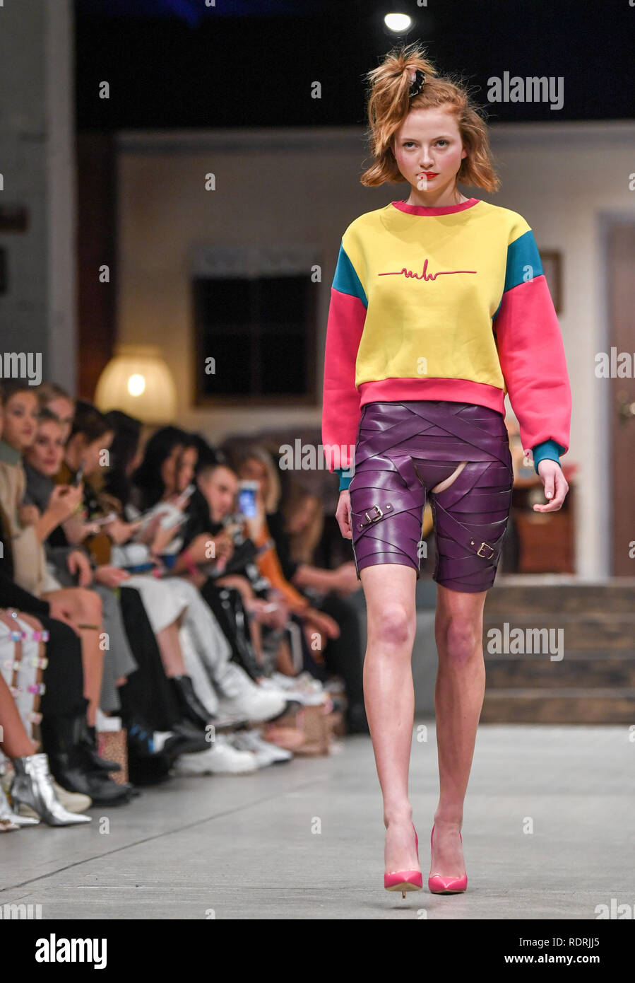 Berlin, Germany. 17th Jan, 2019. A model presents the fashion of ...