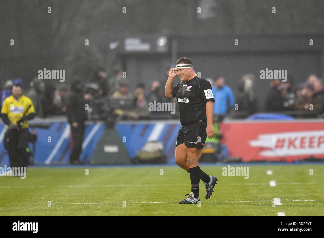 London, UK. 19th Jan, 2019. Jamie George of Saracens greeted fans ...