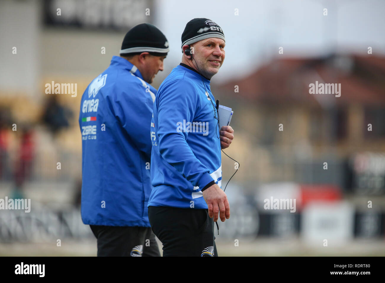 Parma, Italy. 19th January, 2019. Zebre's defense coach Alessandro ...