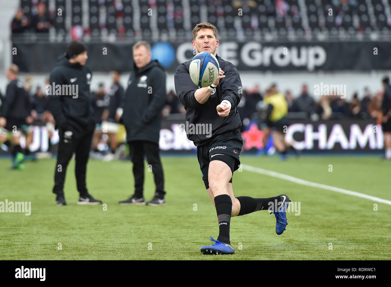 London, UK. 19th Jan, 2019. David Strettle of Saracens in pre-match ...