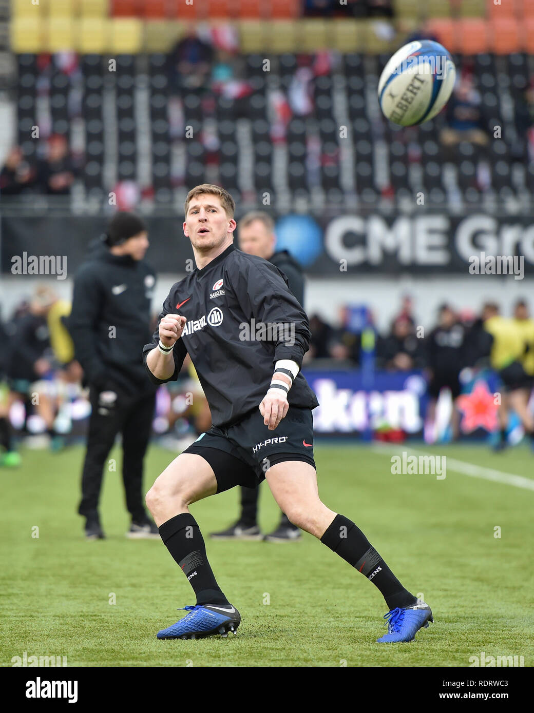 London, UK. 19th Jan, 2019. David Strettle of Saracens in pre-match ...