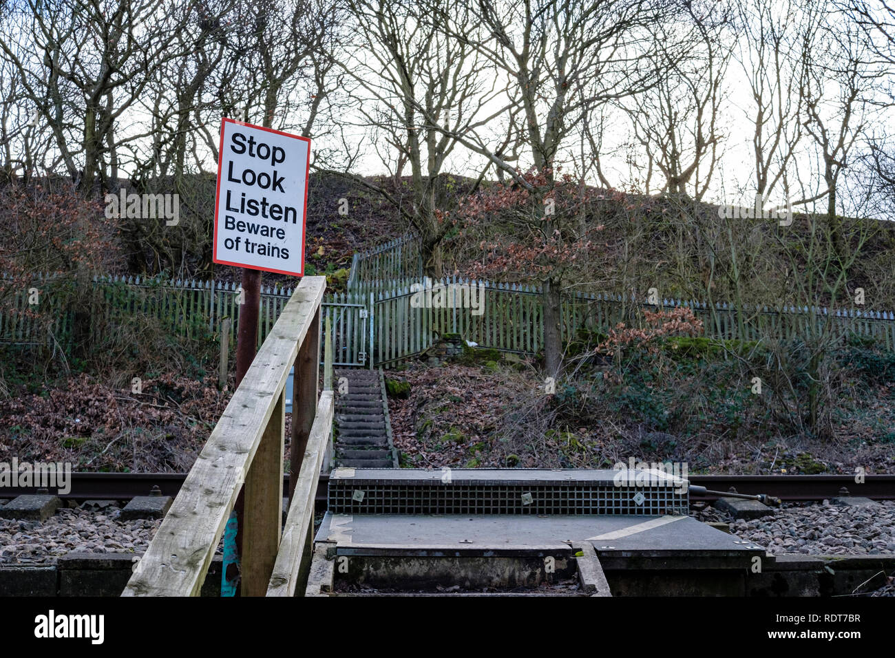 Stop, Look and Listen, Beware of Trains Warning sign at the side of the ...