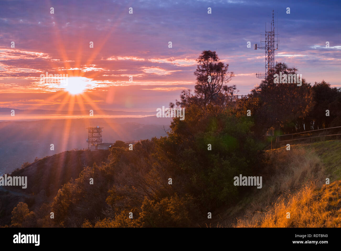 Sunburst over San Francisco bay as seen from Mt Diablo summit, Mt ...