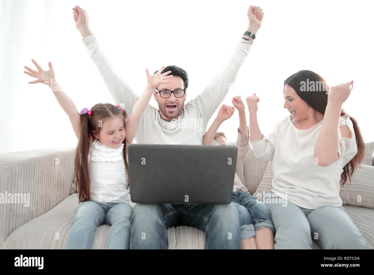 happy family watching their favorite TV show on a laptop. people and ...