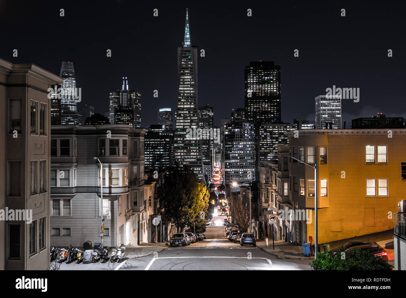 San Francisco's financial district skyline on a clear starry night ...