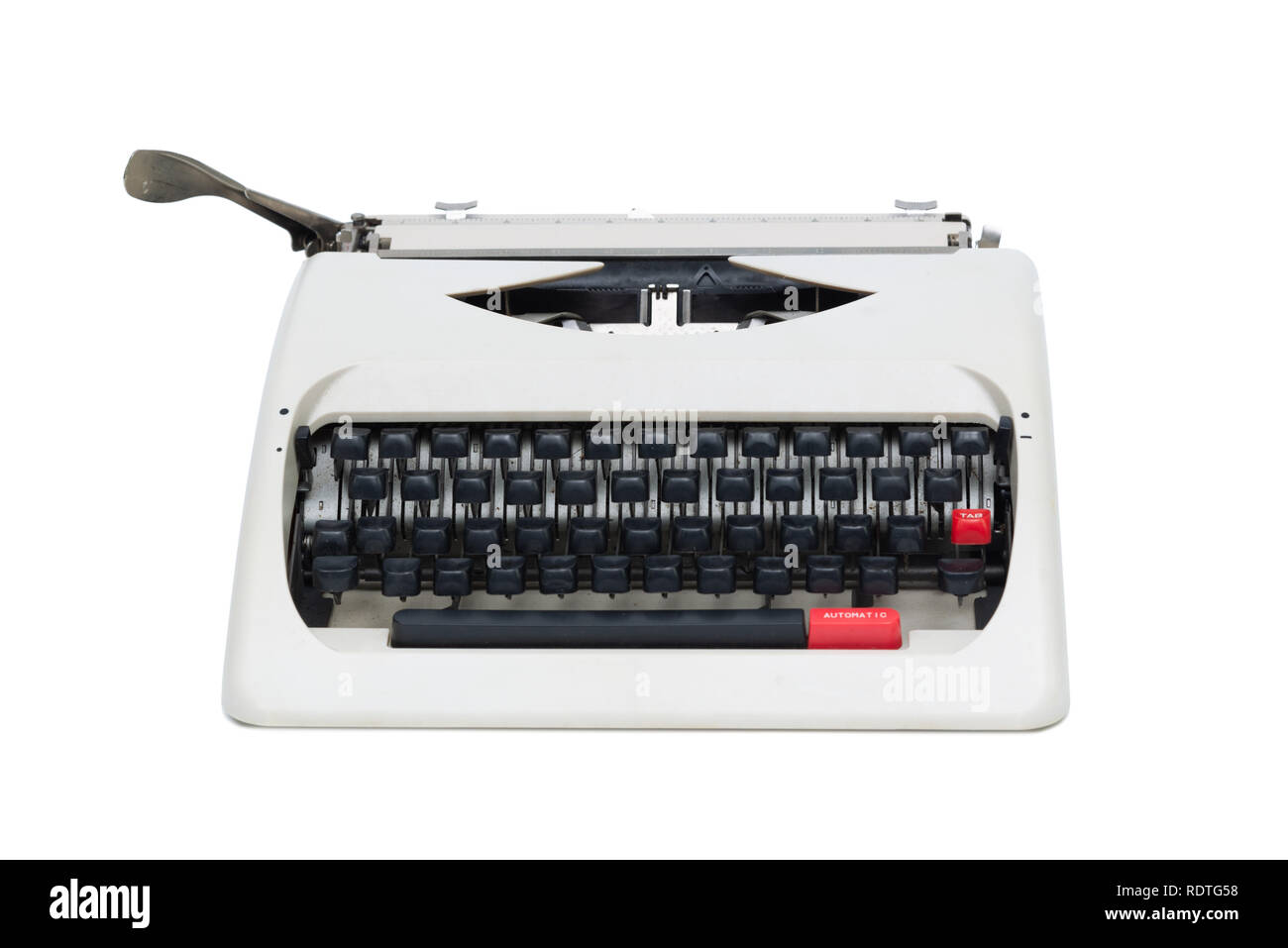 Retro typewriter with blank paper sheet, isolated on white background ...