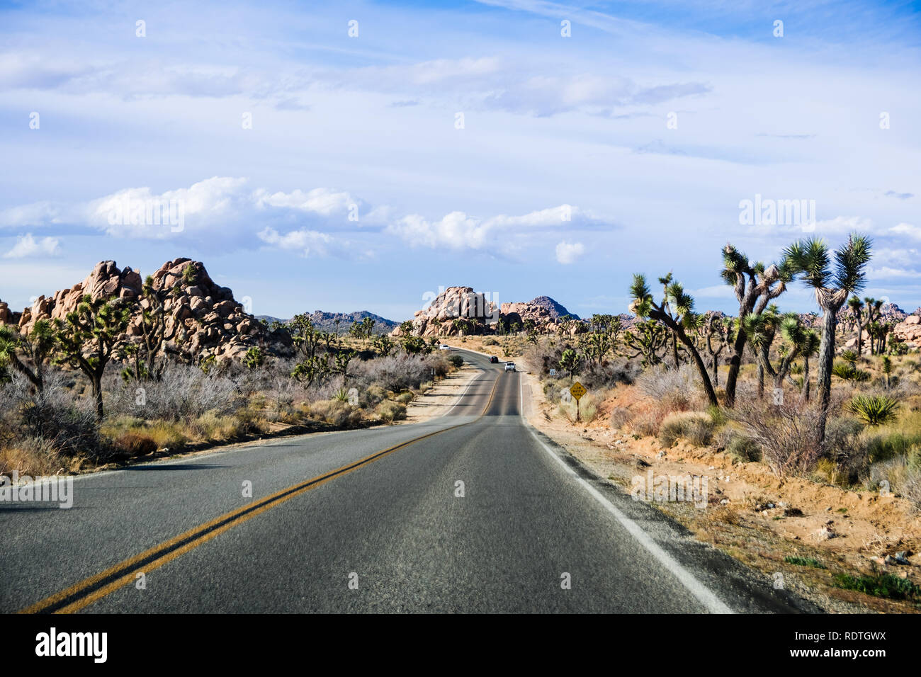 Driving on a paved road in Joshua Tree National Park, south California ...