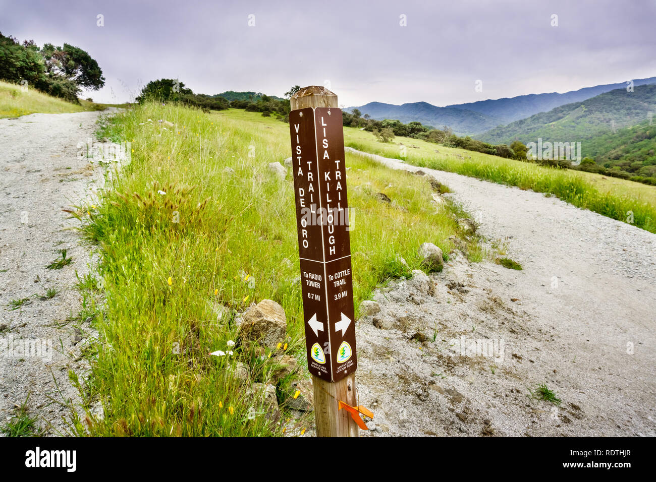 Sign posted at a trail junction, Calero County Park, south San ...