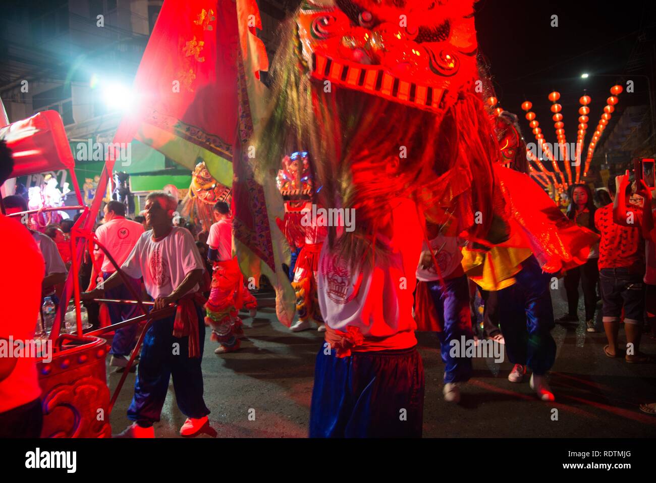 The Hainan tiger is parade dancing at night in Chinese New Year ...